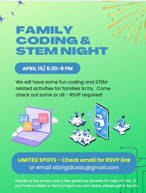 Family Coding & STEM Night – April 15 – St. Brigid CSPC
